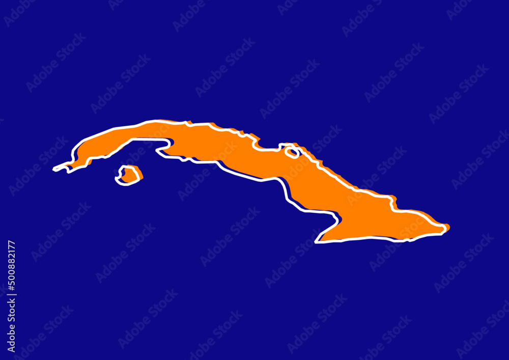 Outline map of Cuba, stylized concept map of Cuba. Orange map on blue ...