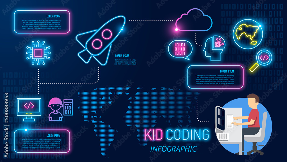 Vetor de kid coding infographic icon neon. boy programming on laptop in ...