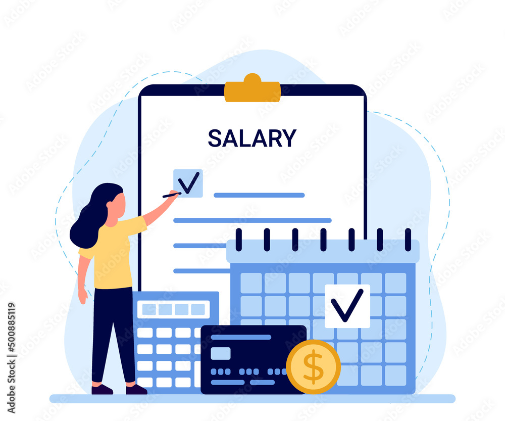 Vektorová grafika „Payroll, calendar with date salary payment, woman ...