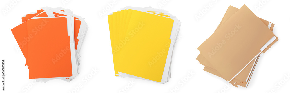 Set of different files with documents on white background, top view ...