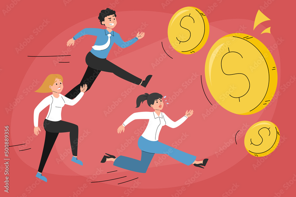Group of people running after money vector illustration. Office ...