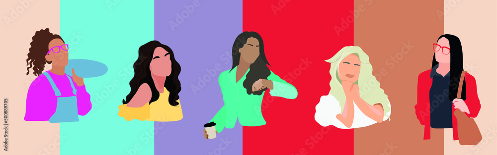 Female spring style portraits. Young women avatars with flowers in hair ...