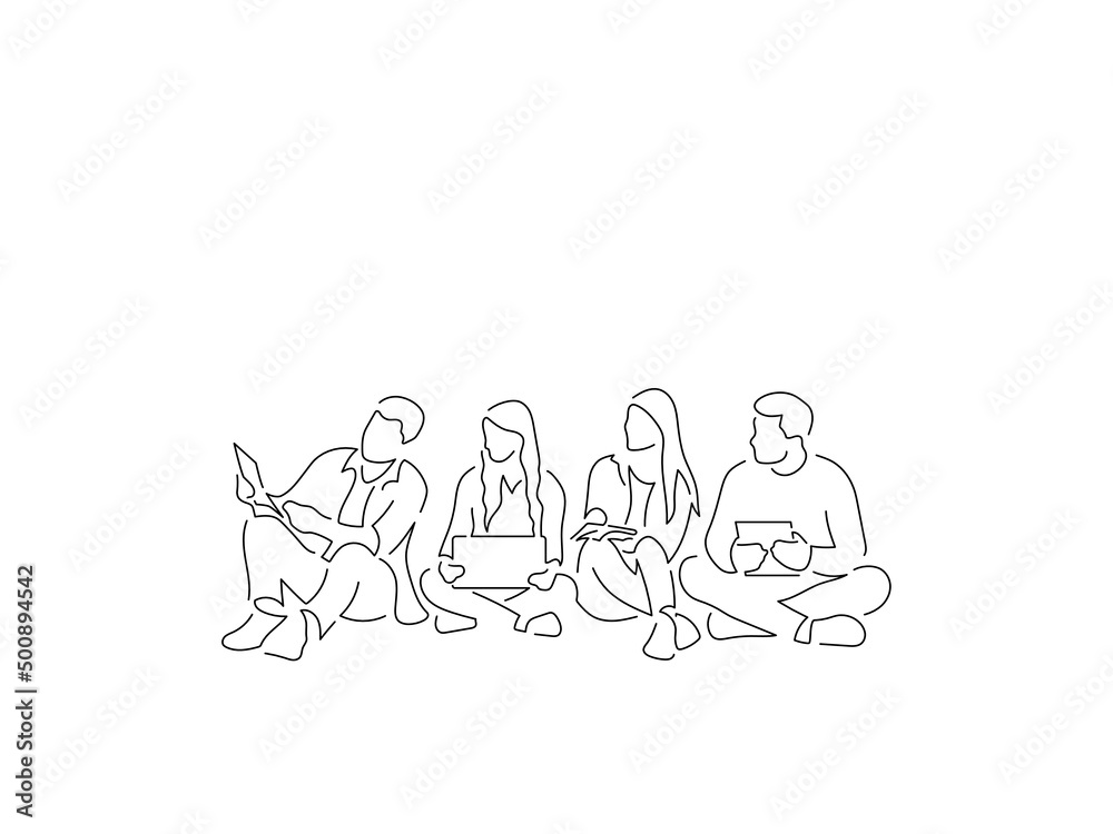 Teamwork in line art drawing style. Composition of a group of people ...