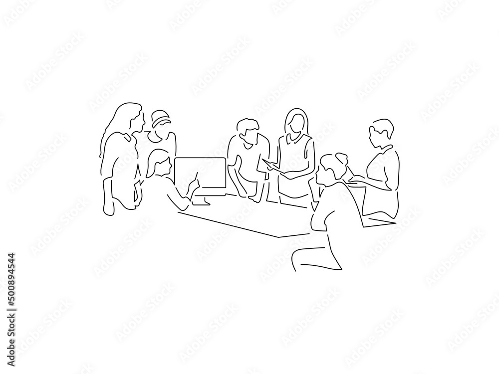 Teamwork in line art drawing style. Composition of a group of people ...
