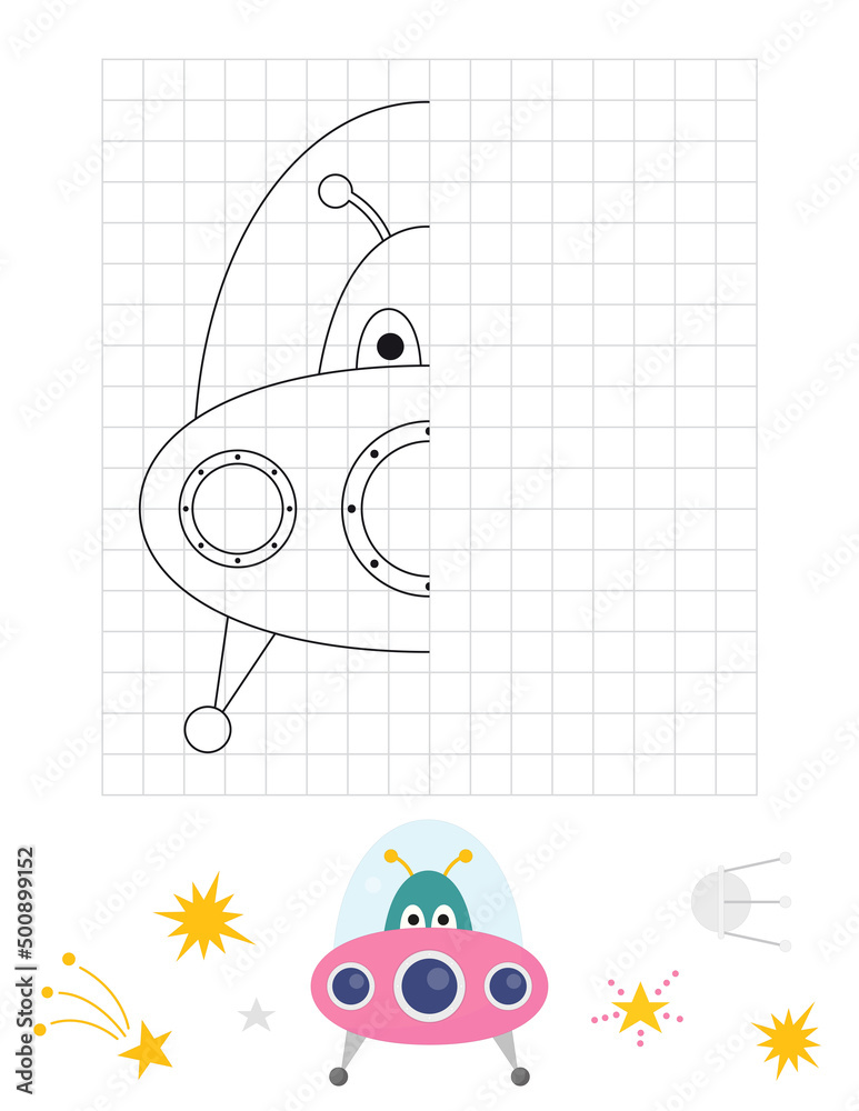 Space activities for kids. Finish the picture – space UFO with cute ...