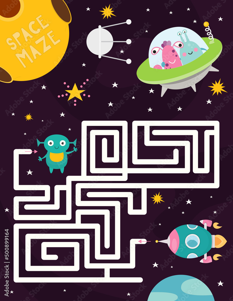 Vetor de Space Maze game for children. Help the Rocket get to Alien ...