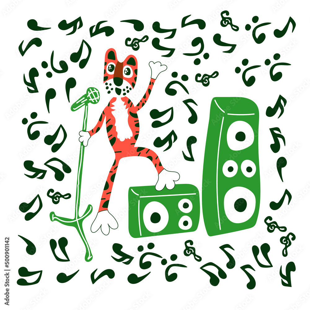 tiger with microphone and speaker system. Symbols of notes. White ...