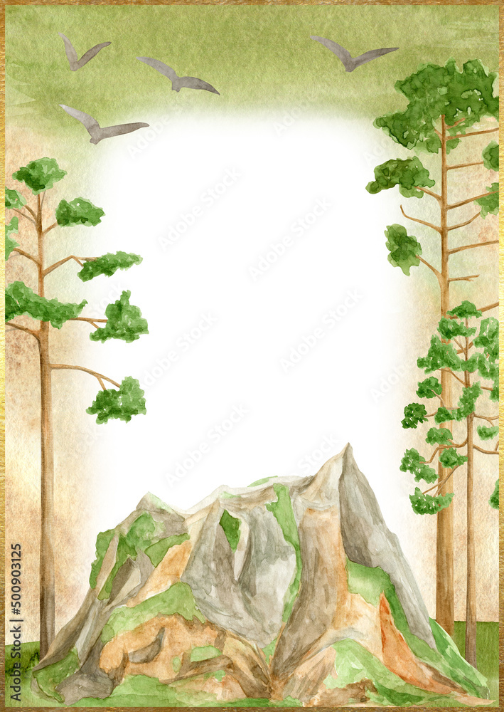 Watercolor green mountains frame. Hand painted template, summer ...