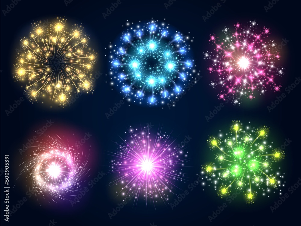 Realistic fireworks. Different shapes and colors pyrotechnics ...