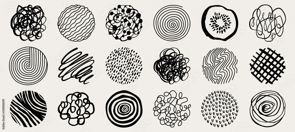 Round abstract hand drawn shapes set. Doodle backgrounds, modern trendy ...