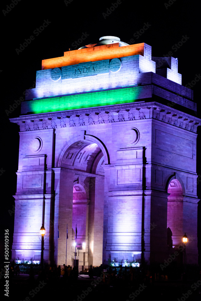 Night view of India gate with Indian flag lighted on it. Stock Photo ...