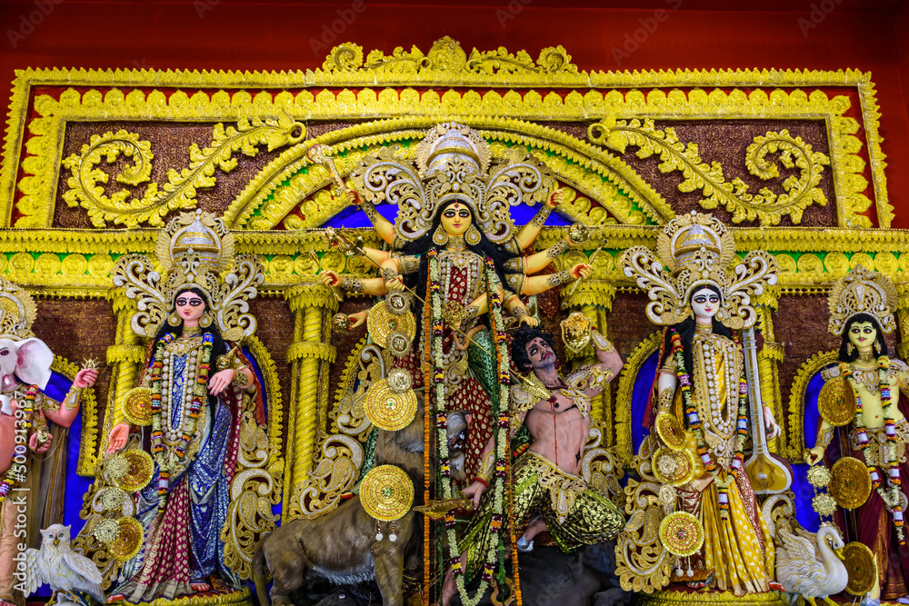 Goddess Durga idol at Durga Puja pandal in Kolkata, West Bengal, India ...