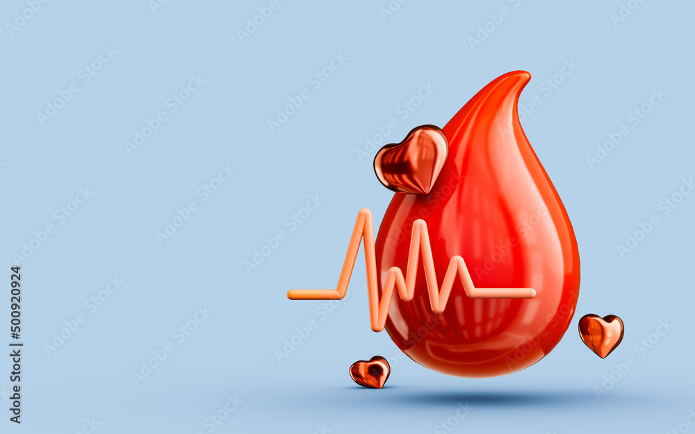 Blood drop rhythm icon with small heart 3d render concept for world ...