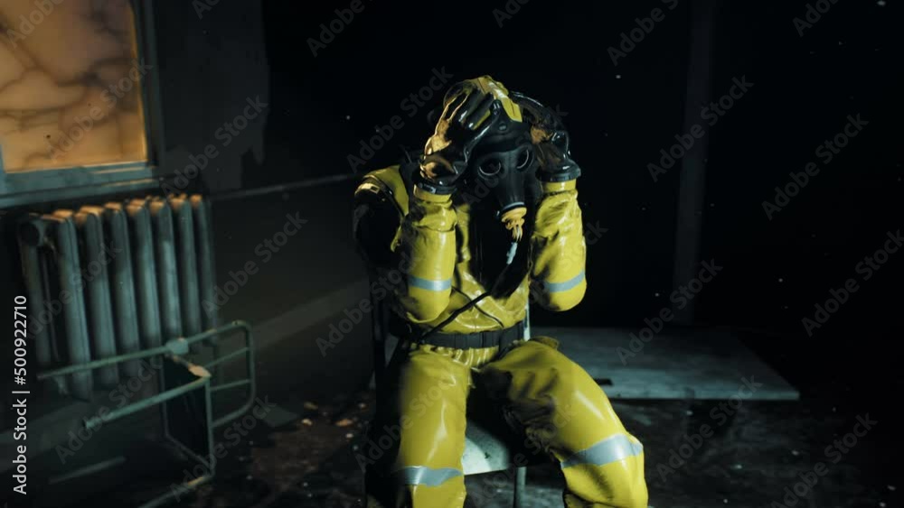 A survivor in a protective suit sits on a chair in a creepy room of an ...