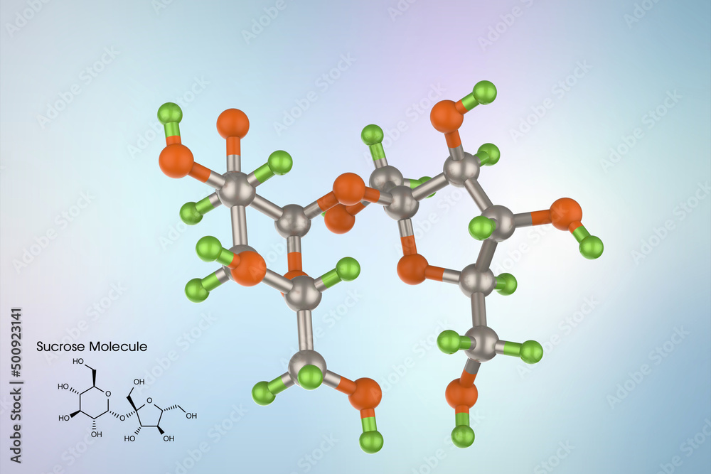 C12H22O11 Sucrose. Molecule with carbon, hydrogen and oxygen atoms. 3d ...