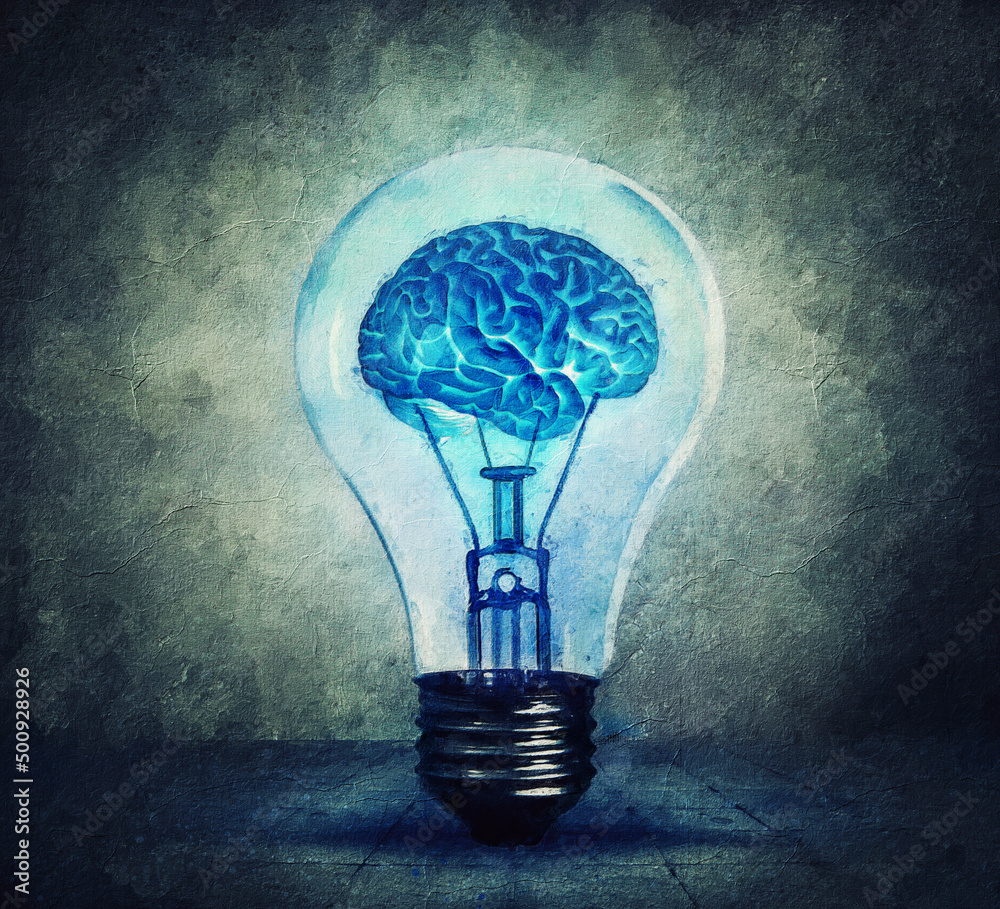 Surreal lightbulb painting with a glowing brain inside. Blue shining ...