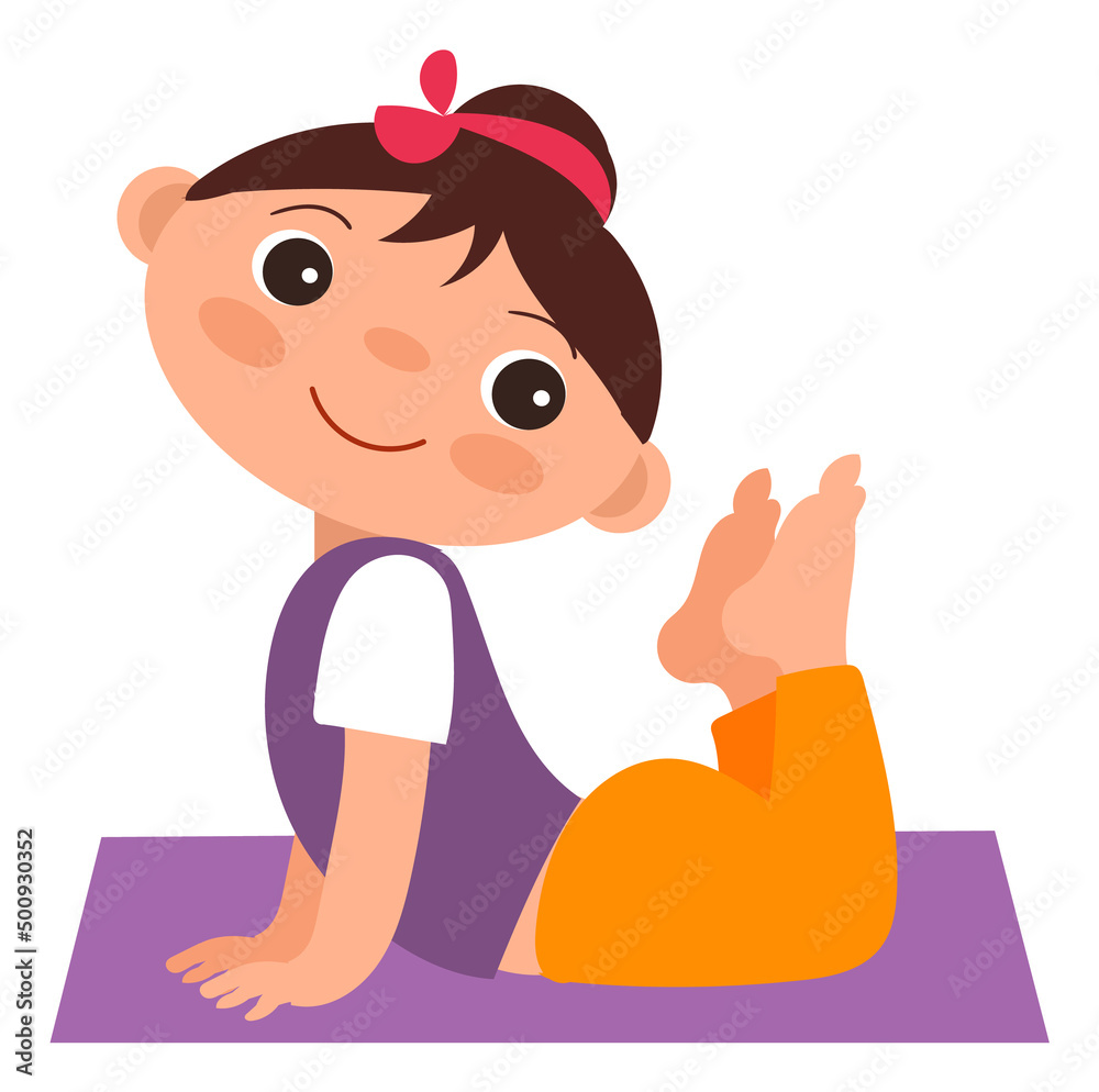 Smiling cartoon girl in yoga pose. Kid body stretching Stock Vector | Adobe Stock