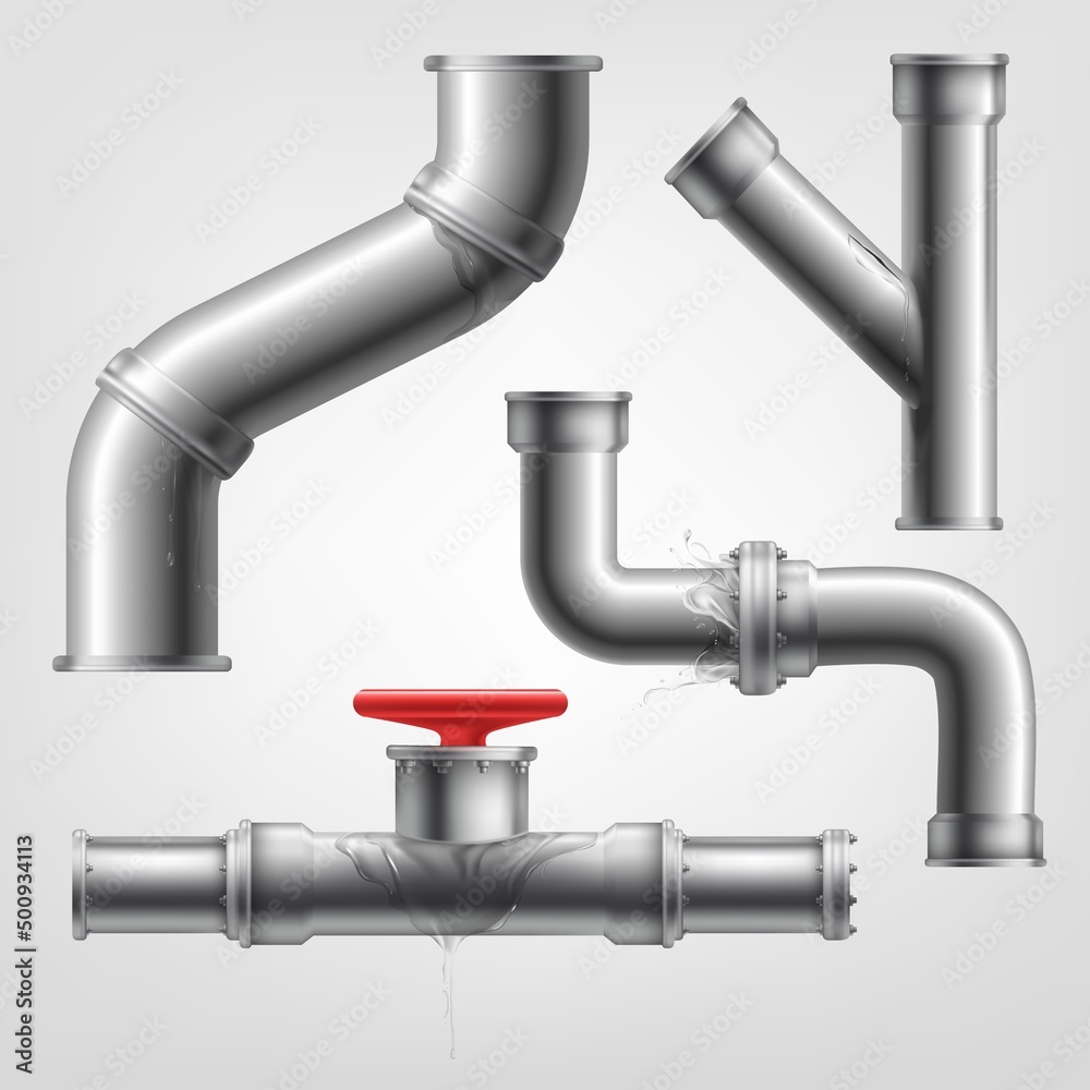 Realistic leaking pipes. Isolated kitchen pipe leakage, broken plumbing ...
