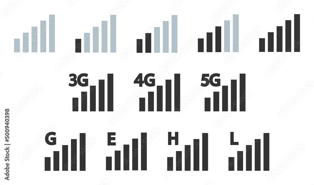 Network icon 3g, 4g, 5g, G, E, H, L. Mobile antenna level symbol. Sign ...