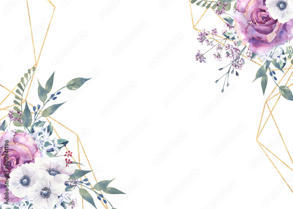 Geometric Floral Frame With Purple Roses And Anemones In A Glass Vase
