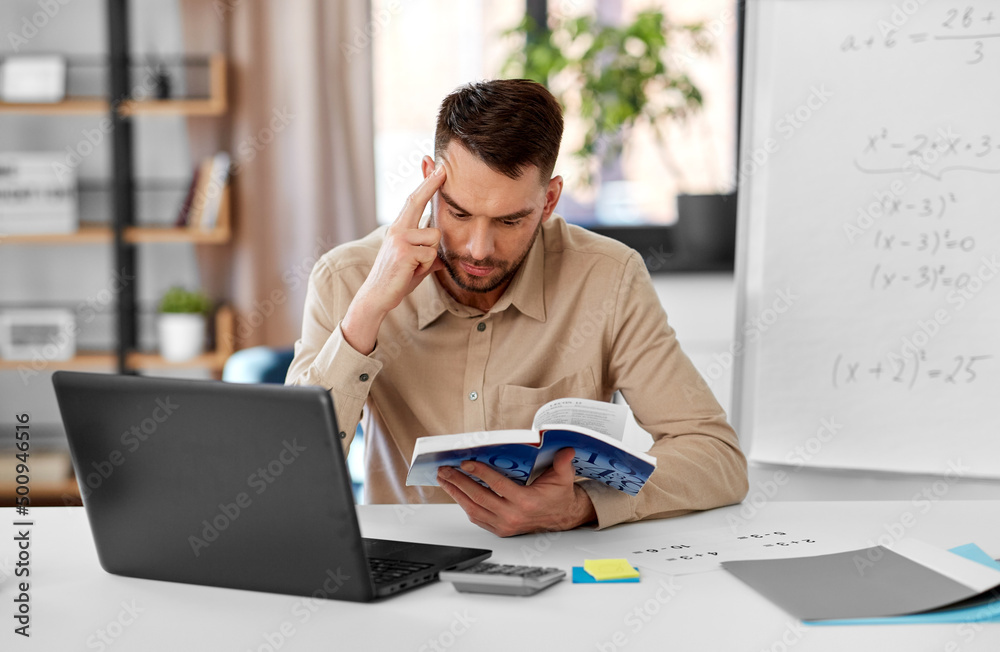 distant education, school and remote job concept - male math teacher ...