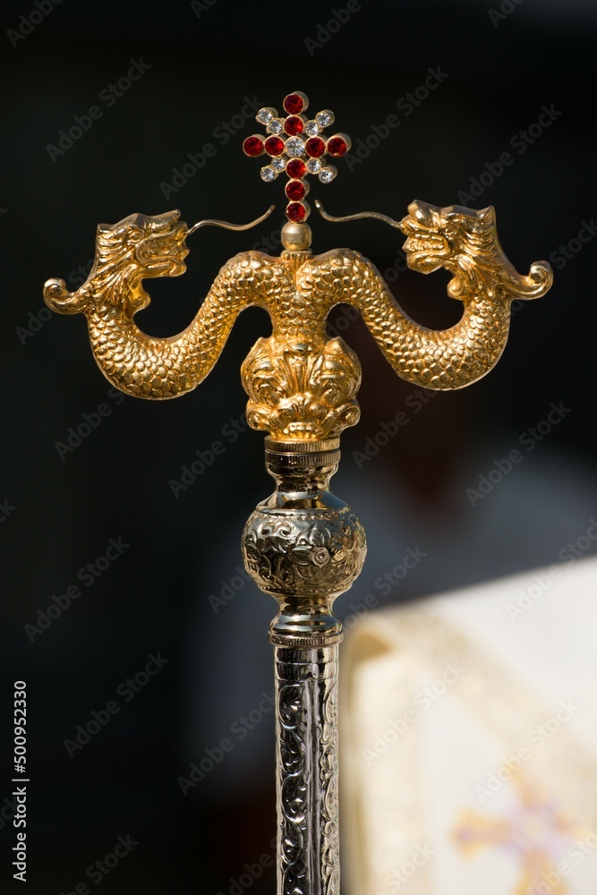 Orthodox archbishop's crosier, with serpents representing the staff of ...