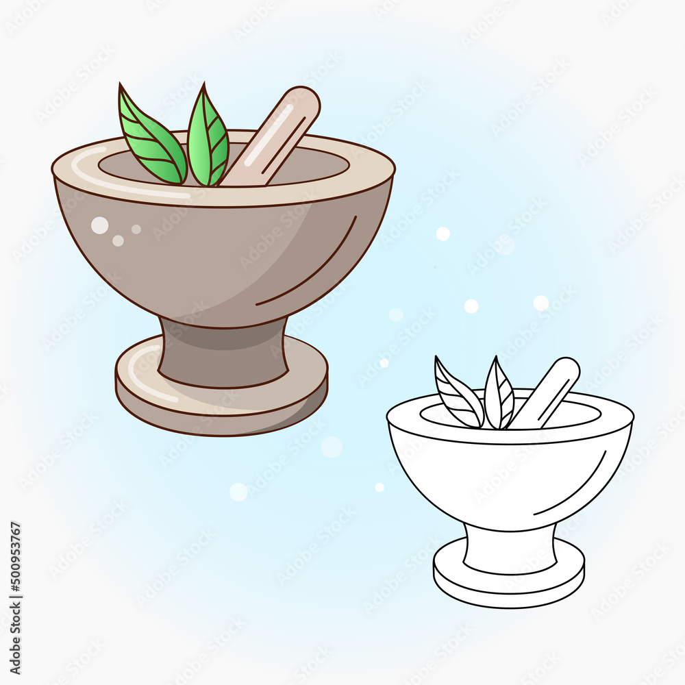 Vector drawing of a mortar and pestle. Vector flat illustration. Icon ...