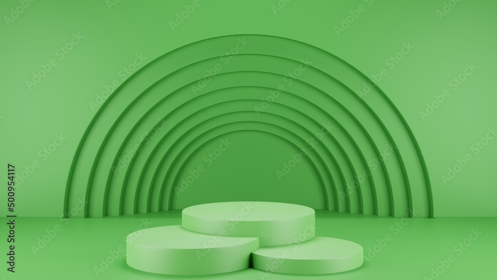 3d rendering with 3 green podium and round scene scene, abstract ...