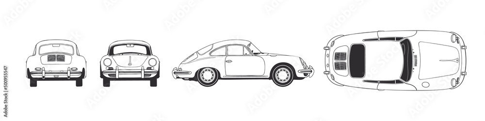 Sketch sports retro car. Hand drawn car front back top and side view ...