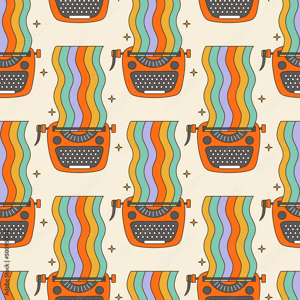 Seamless vector pattern with rainbow typewriter in groovy style. 60s ...