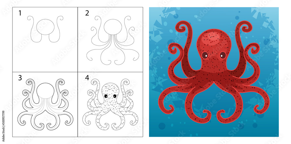 Coloring worksheet how to draw an octopus. Step-by-step tutorial ...