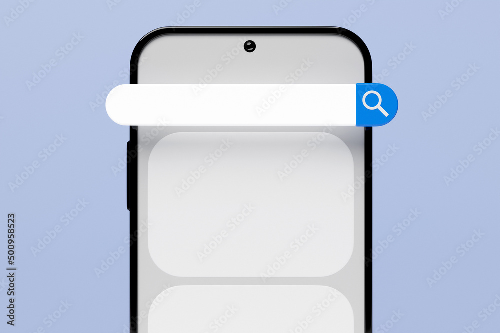 3D illustration of a mobile phone with a search bar on a white ...
