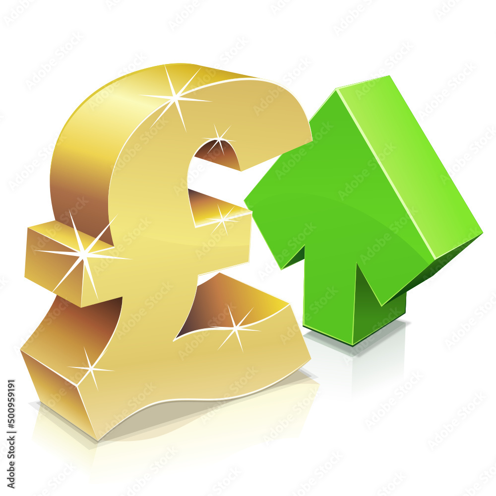 3D gold symbol of the British currency, the pound sterling with a green ...