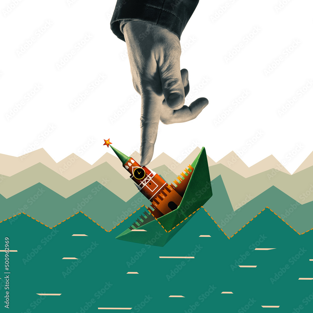 The paper boat with the Kremlin tower is sinking under pressure from ...