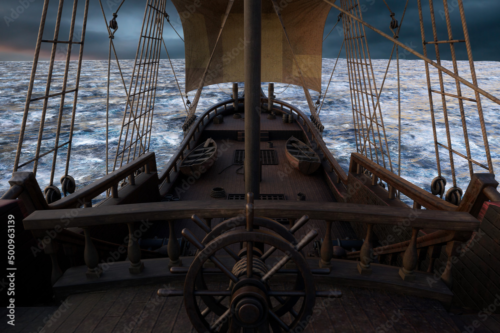 View of the deck from behind the ships wheel on an old pirate sailing ...