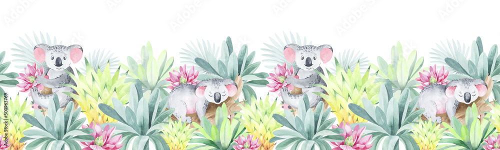 Watercolor seamless borders. Australia tropical flowers and plants with ...