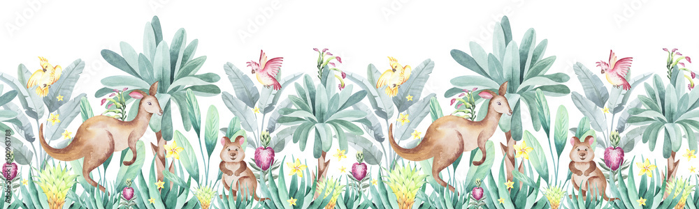 Watercolor seamless borders. Australia tropical flowers and plants with ...