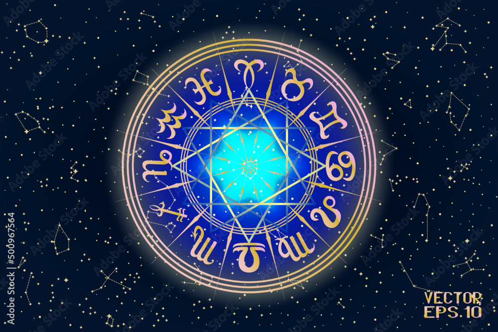 Blue and Pink Round Frame with Zodiac Signs. Horoscope Symbol ...