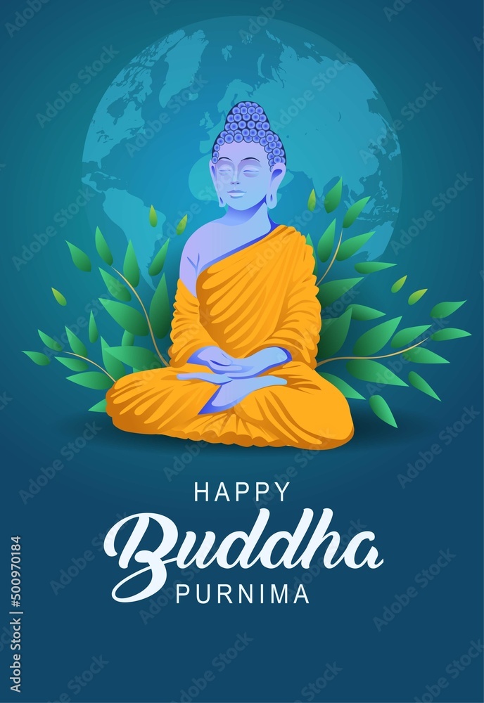 Happy Vesak Day Budha Purnima With blue Background Silhouette Vector ...