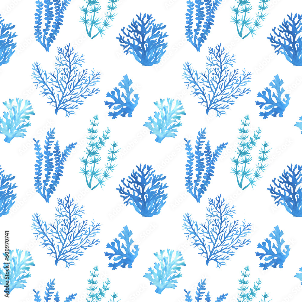 Blue seamless pattern with a underwater life objects, sea plants ...