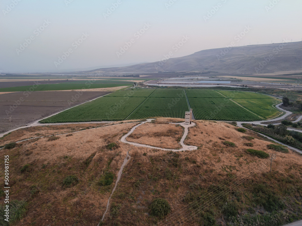 Aerial view of Tel Shukha Nahal Kibbutzim, topped with three-storey ...