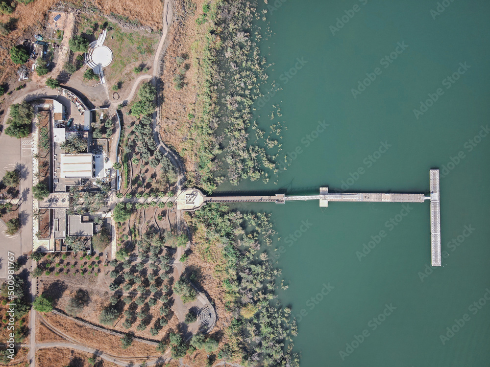 Aerial view of Metal pier over the sea of Galilee, Capernaum “the town ...