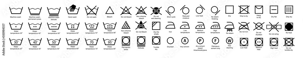 Laundry icons. Garment care instructions on labels, machine wash or ...