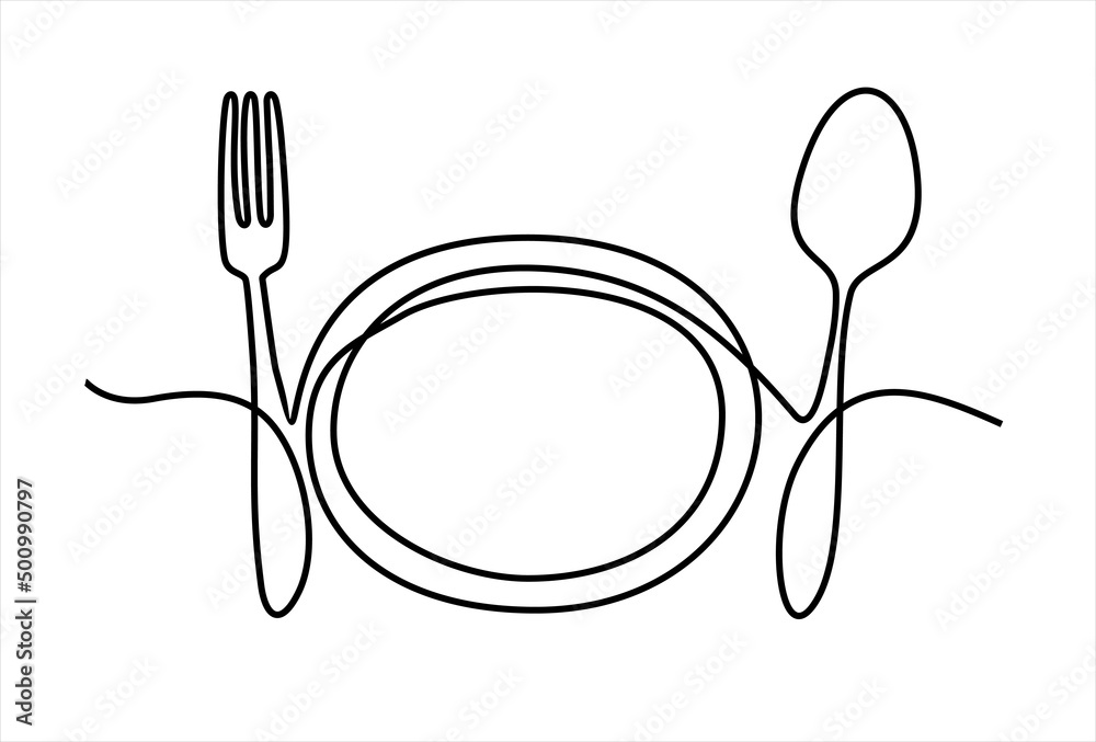 Continuous Line Art Or One Line Drawing Of Plate Khife And Fork Linear Style And Hand Drawn