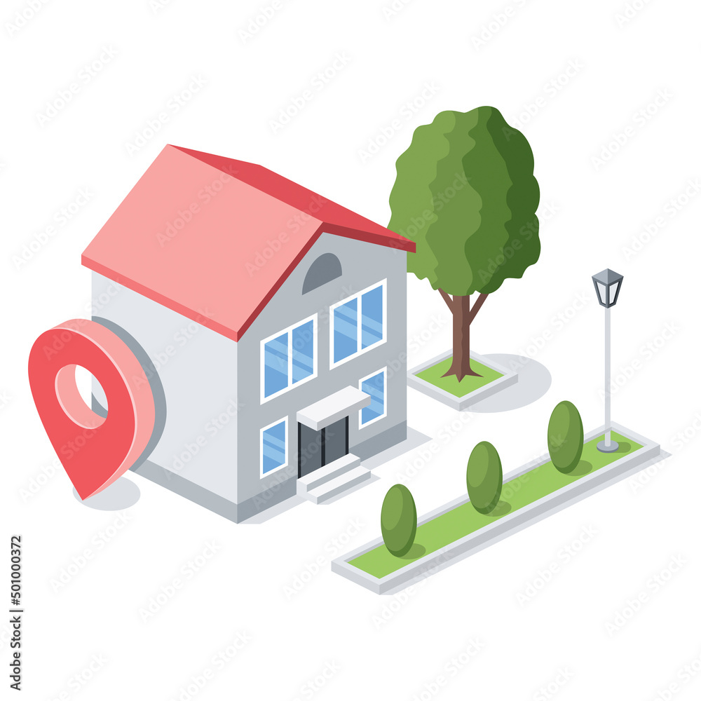 House building, city street, map tag, geolocation. Vector 3d line ...