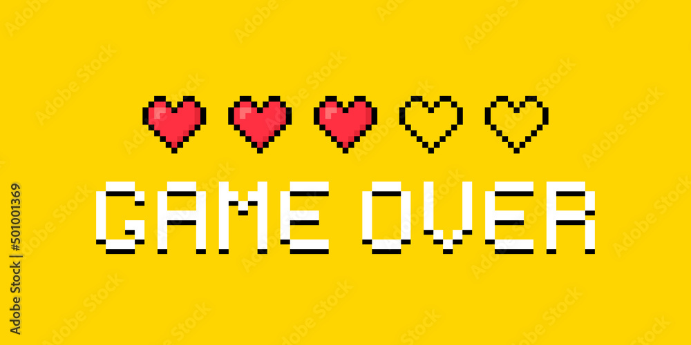 Game over pixel art design with hearts. 8bit pixel art design for game ...