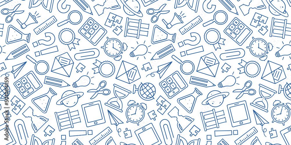 School Vector Seamless Pattern Blue Line Art Stationery Doodle Education Background Outline