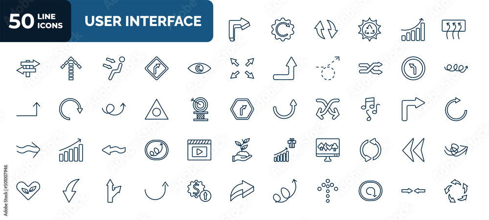 set of 50 user interface web icons in outline style. thin line icons such as 3d turn right arrow ...