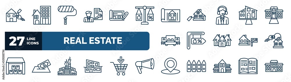 set of real estate web icons in outline style. thin line icons such as ...