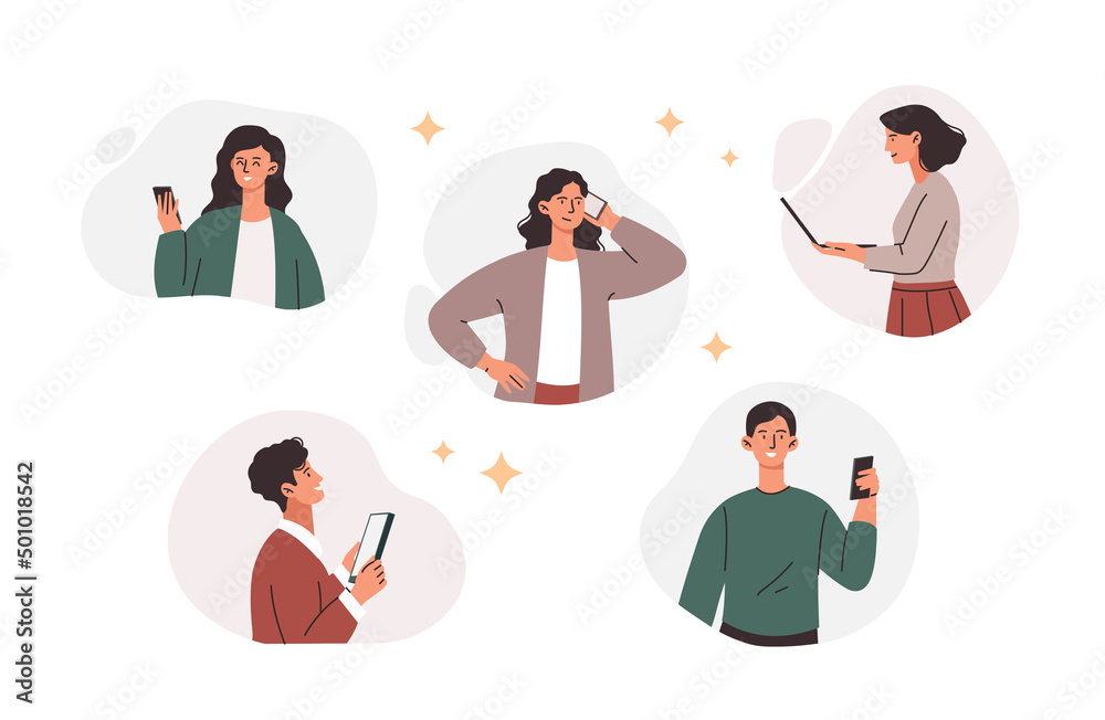 Set of chatting people. Collection of stickers for social networks ...